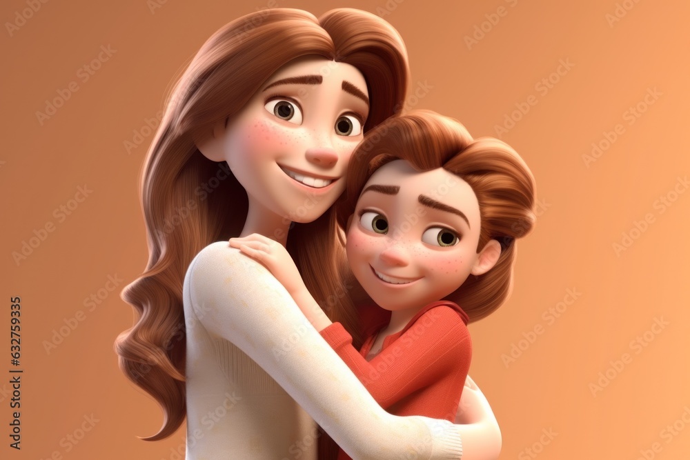 Mother hugging daughter, love, family, cozy, 3d animation render, AI ...