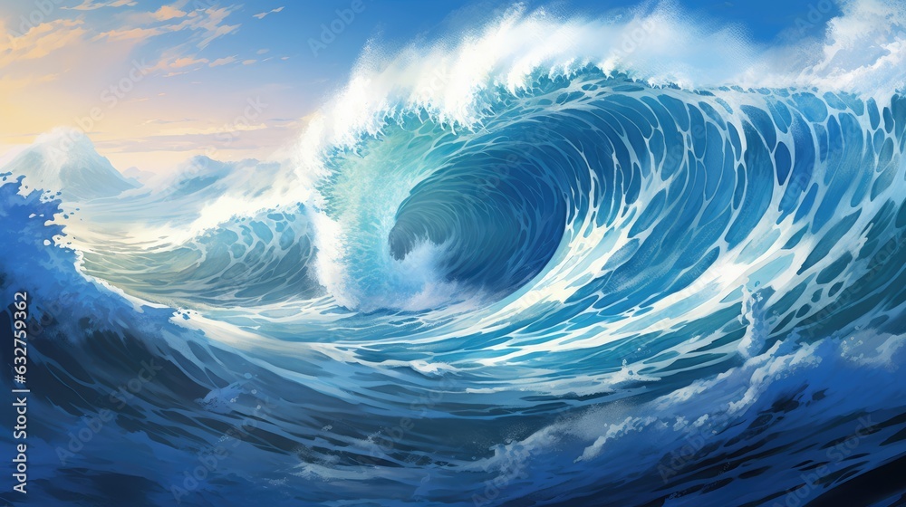 Tsunami. This illustration shows a huge tsunami wave sweeping away ...