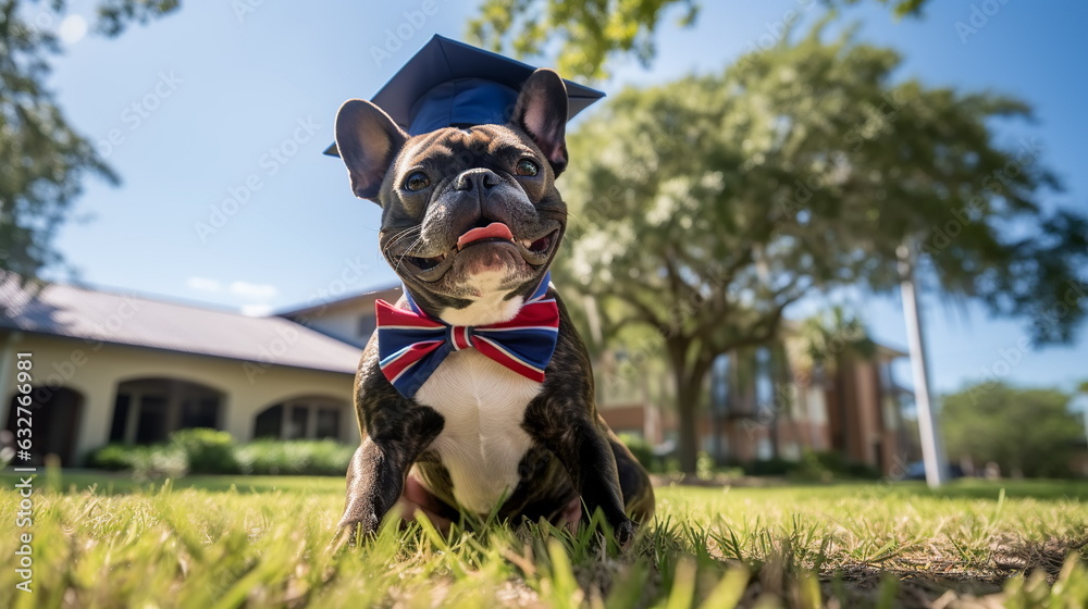 French bulldog dog wearing university graduation cap and french colors ...
