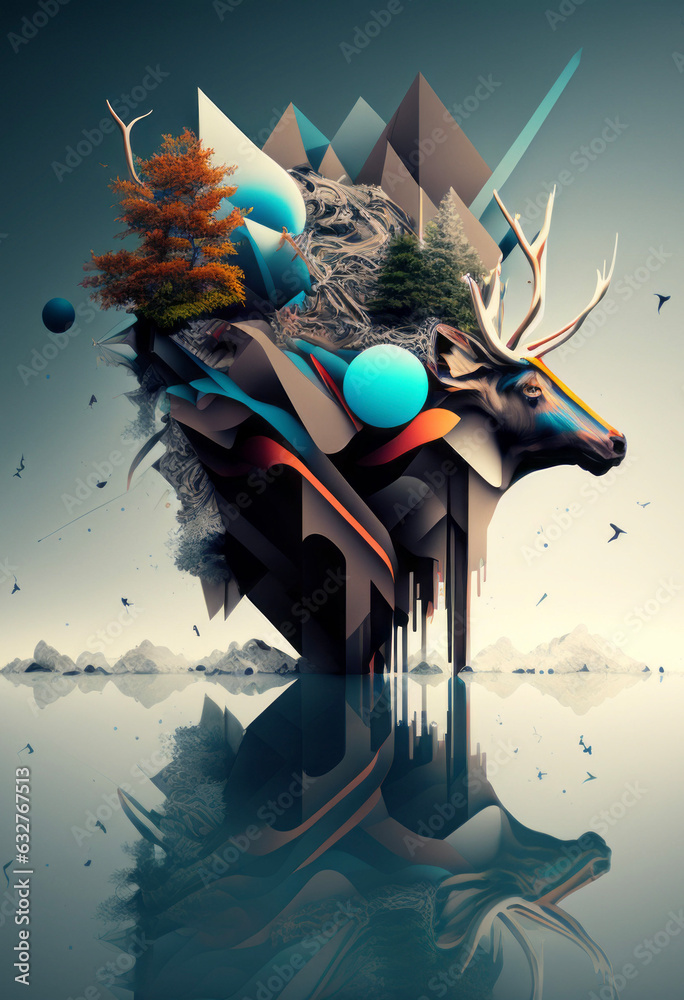 Abstract Nature Deign Of A Deer Surrounded By Trees And Shapes #2 Stock ...