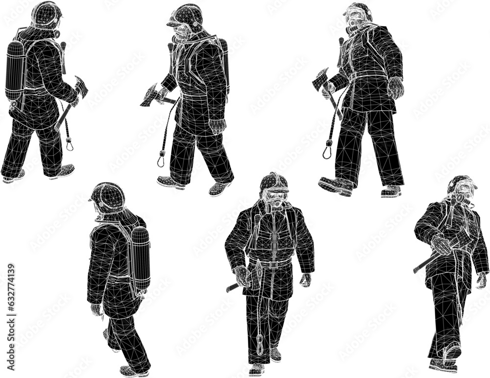 Vector sketch illustration of a firefighter in safety uniform complete ...