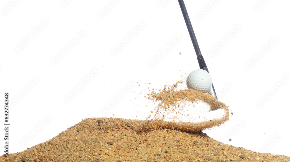 Golf ball explode from sand bunker. Golfer hit ball with club to sand ...