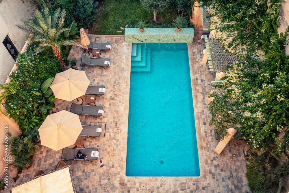 Topview of swimming pool at a Riad in Fes el Bali, Medina, Fez, Morocco ...