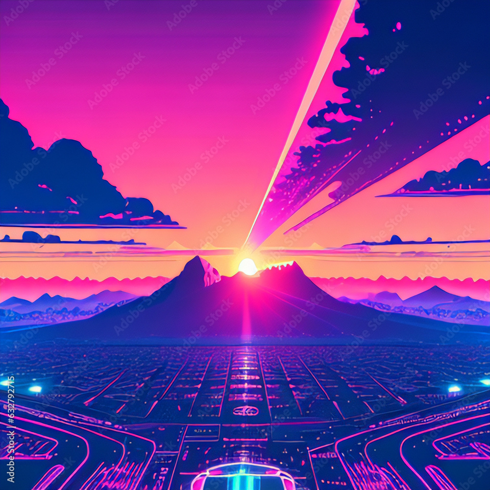 Retro futuristic synthwave retrowave styled night cityscape with sunset ...
