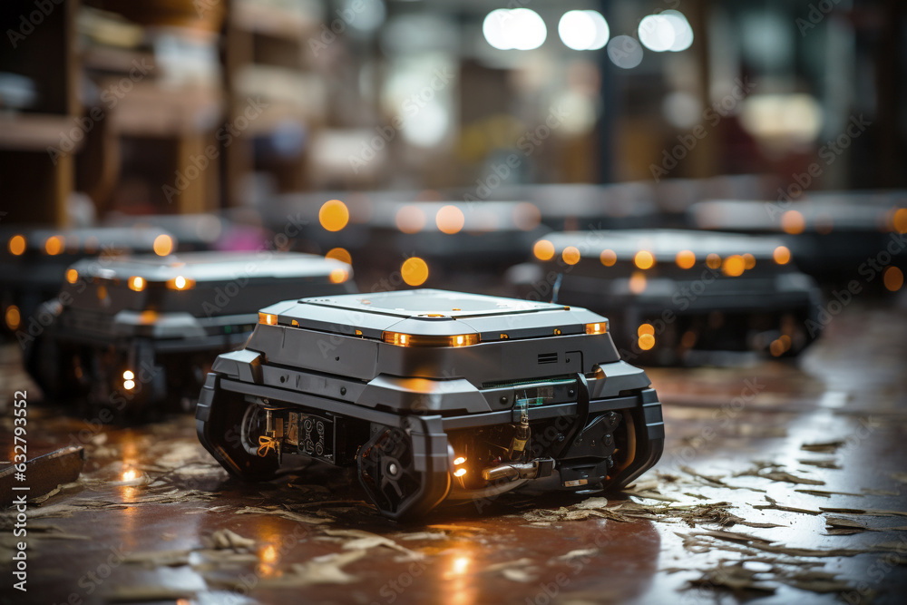 Smart transporter robots are deployed on the floor of a blurred ...