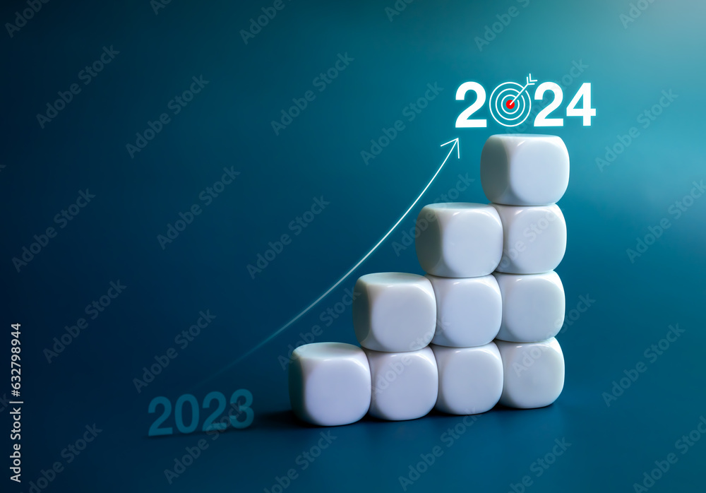 Increase rise up arrow on white blocks chart steps from year 2023 to ...
