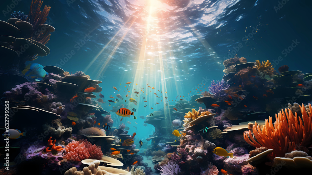 beautiful underwater scenery with various types of fish and coral reefs ...