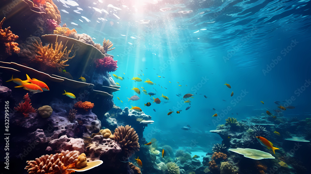 beautiful underwater scenery with various types of fish and coral reefs ...