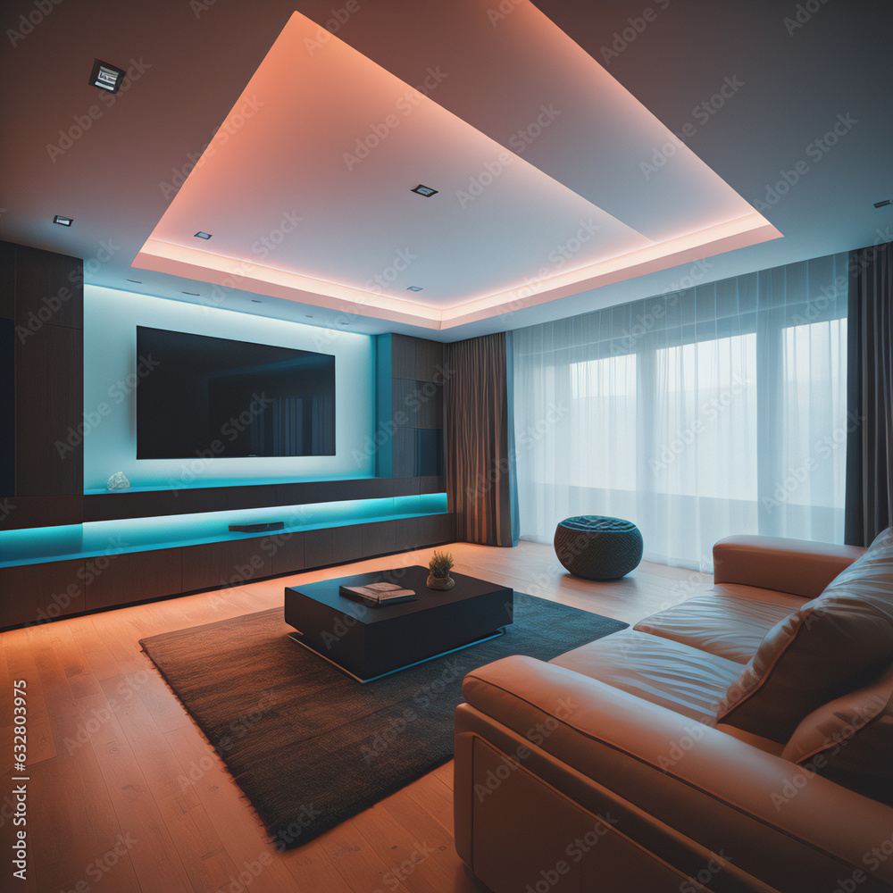 Home cinema, living room with colored LED lighting - Smart home. Big Tv ...