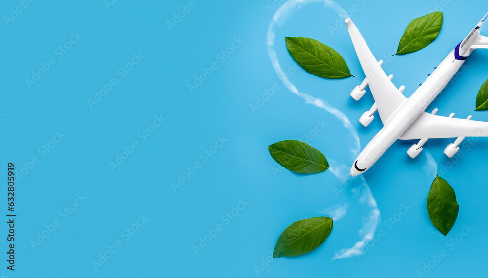 Sustainable Aviation Fuel. White airplane model, fresh green leaves on ...