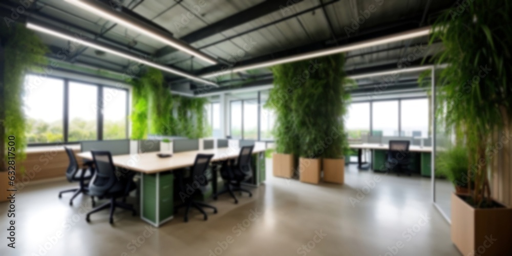 Blurred sustainable green office interior, future sustainable business ...