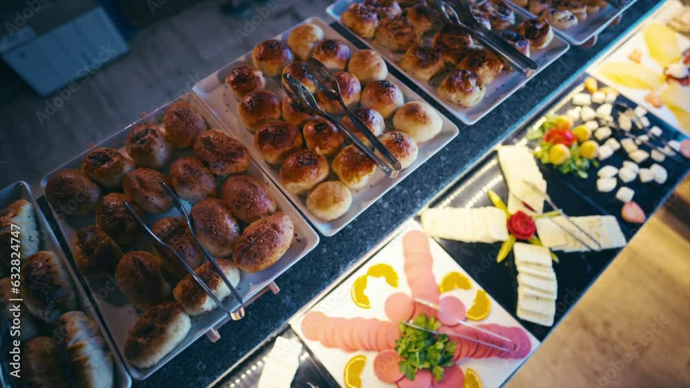 Breakfast food on display at the hotel buffet. Buffet food and beverage ...