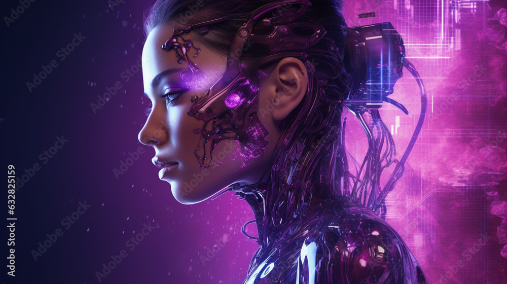 Girl character. Cyborg face woman technology background with Generative ...