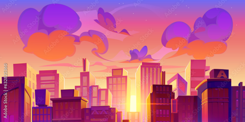 Sunrise over modern city downtown with skyscrapers. Vector cartoon ...