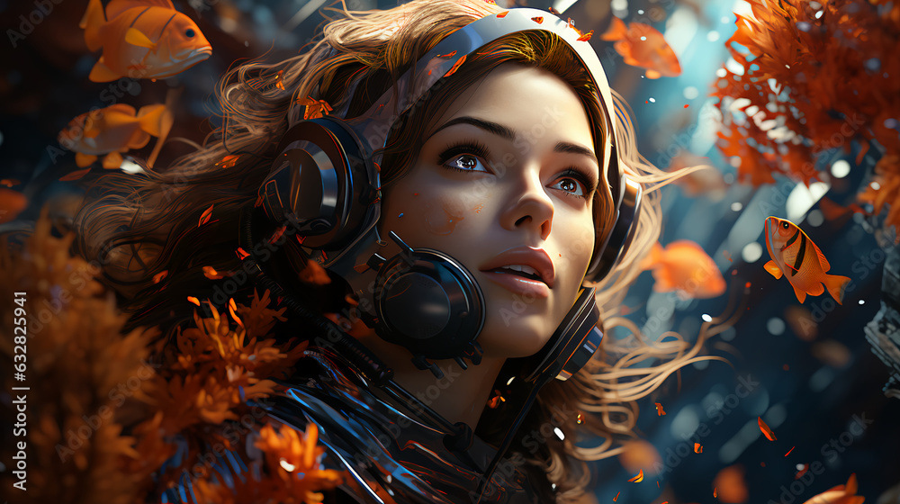 The face of a beautiful female scuba diver in a mask and diving suit ...