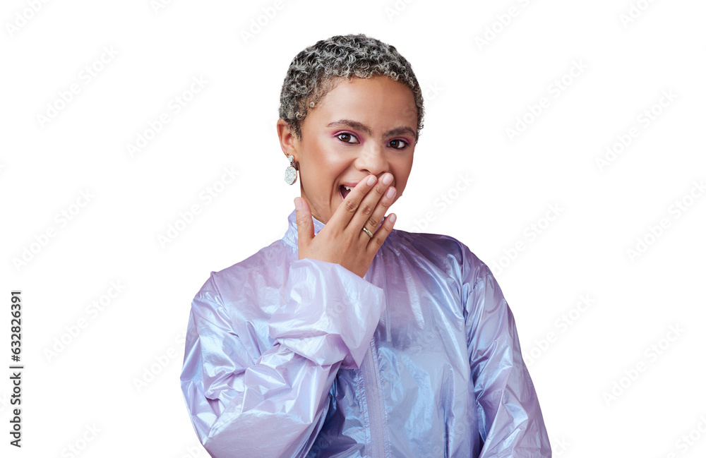 Hand over mouth, woman with secret and surprise in portrait, cyberpunk ...