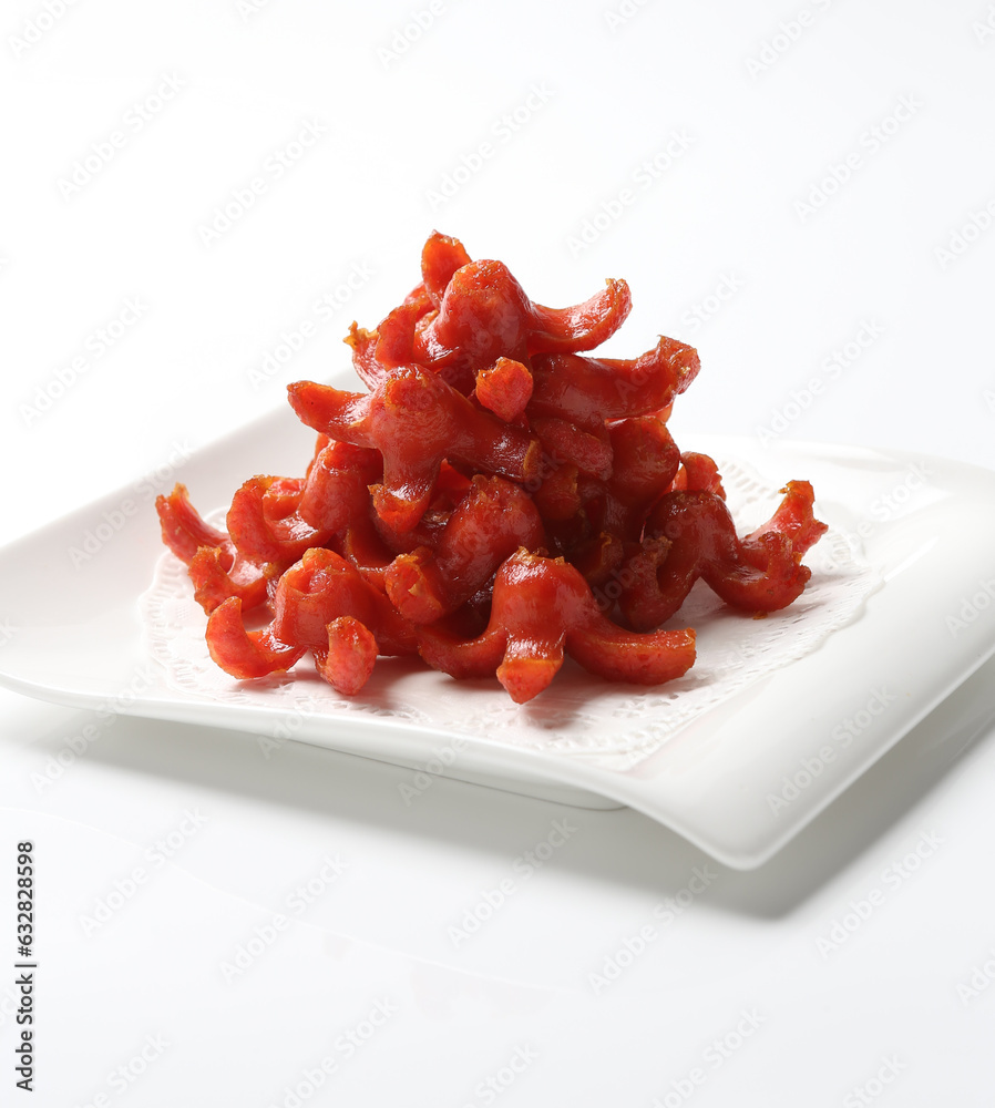 grilled red bbq Taiwanese mini sausages hot dog salad in plate on white ...