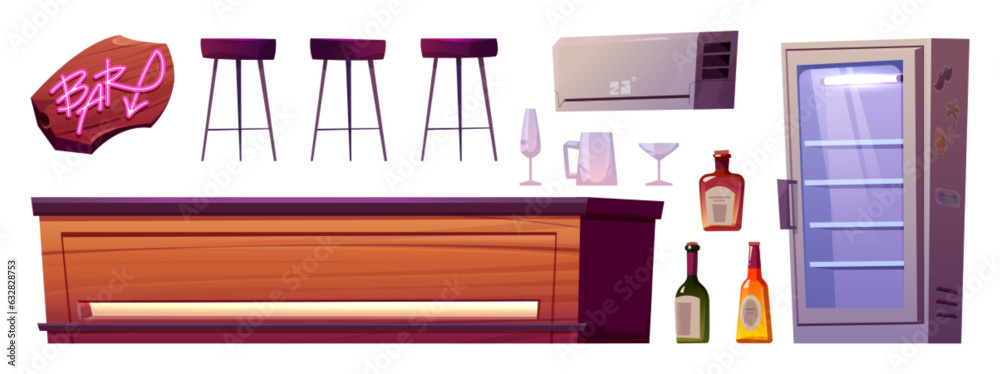 Restaurant bar counter interior vector cartoon set. Pub table for drink ...