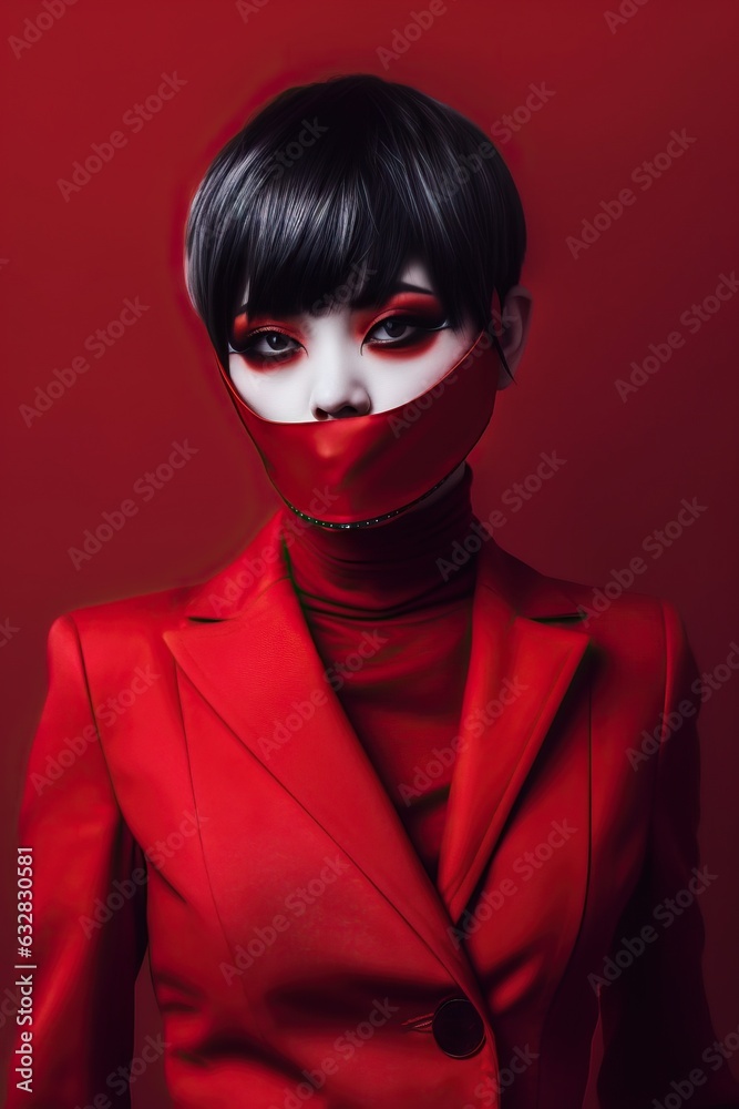 Anime woman in a red suit with short hair cut, black hair. A killer ...