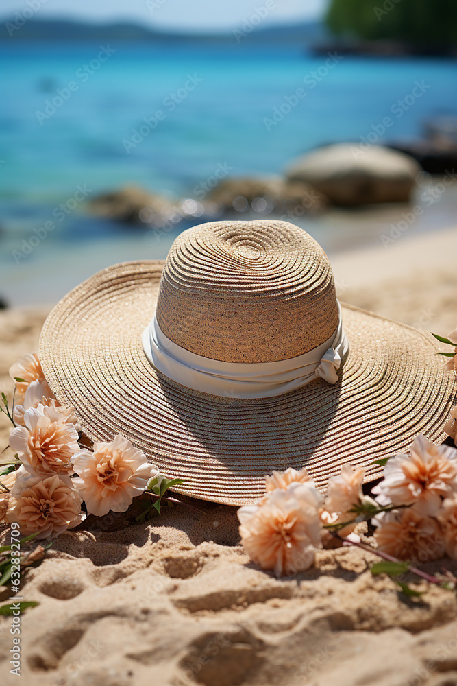 Original straw hat on sunlit beach, a symbol of summer relaxation and ...