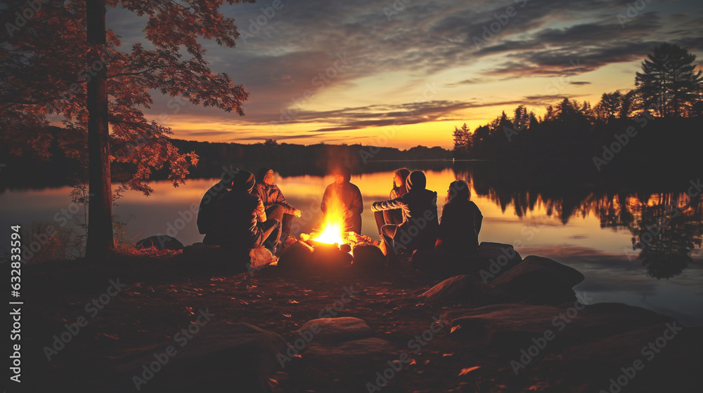 Group of friends rest near fire on lake, faint silhouettes of ...