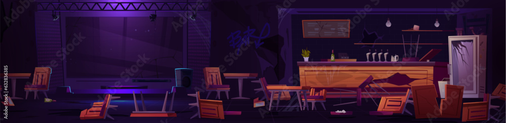 Destroyed bar interior with damaged furniture. Vector cartoon ...