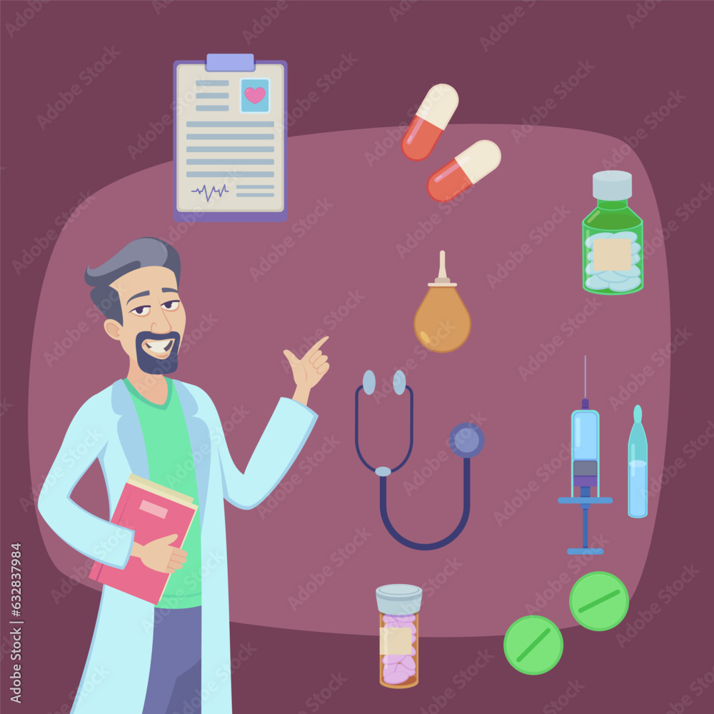 Happy doctor with medication symbols vector illustration. Cartoon ...