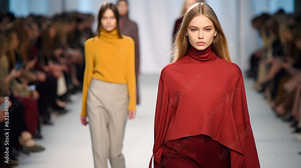 Female model walking down a runway during a fashion show. Model in gown ...