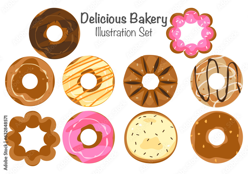 Donut dessert set. Bakery bread and fresh pastries. Delicious. Vector ...