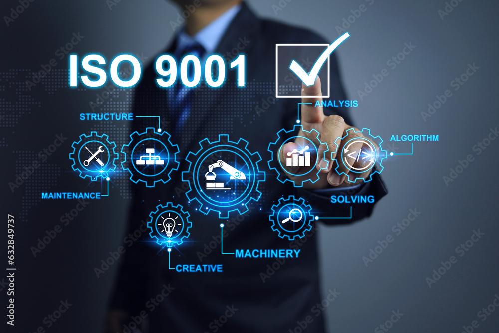 Businessman click approve ISO 9001 quality assurance check mark to show ...