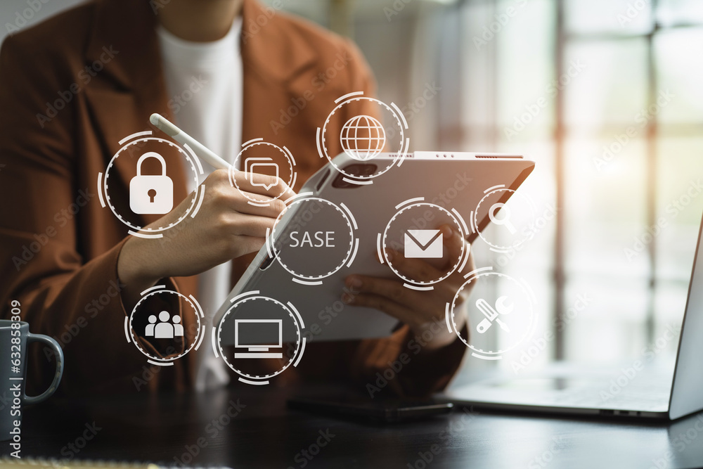 Hand touching Secure Access Service Edge icon on smartphone virtual ...