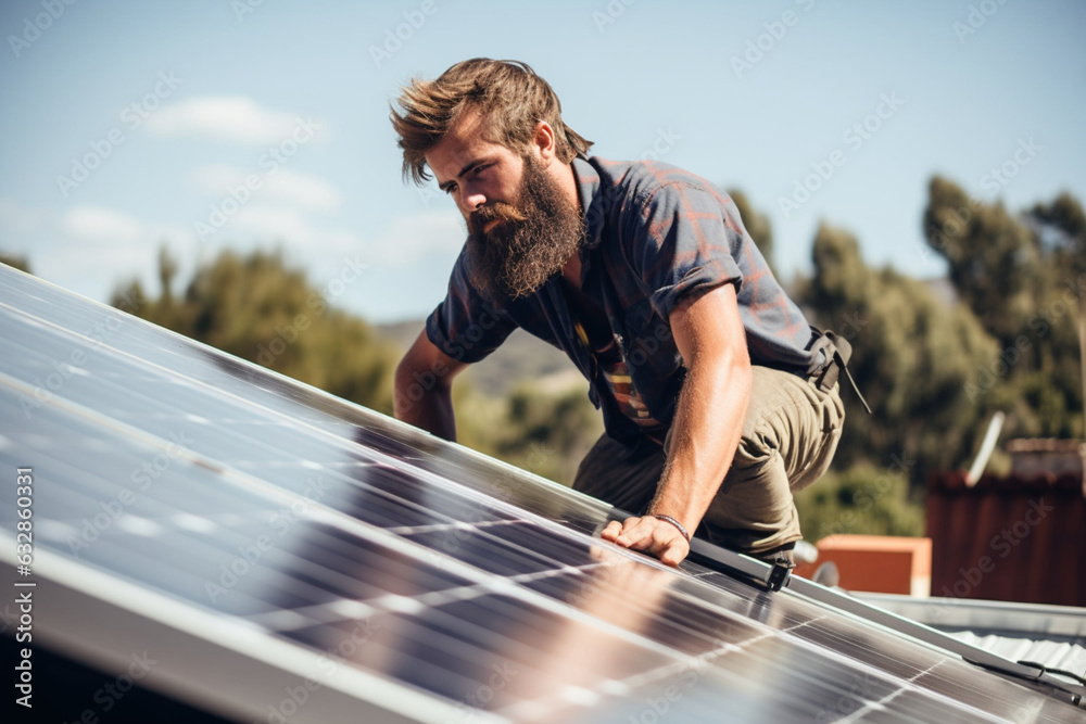 At Sunlight man worker fixes solar panels on a metal basis, A worker ...