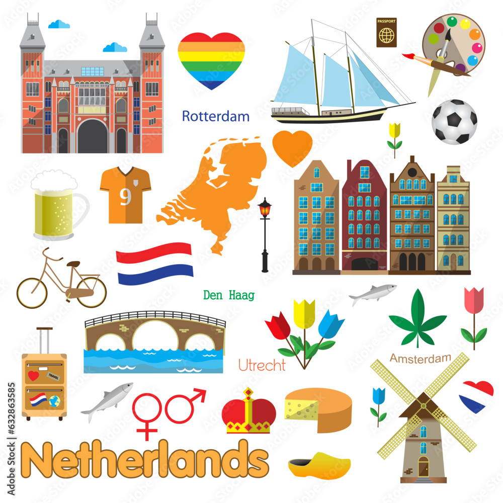 Netherlands symbolics and holland travel icons isolated set Stock ...