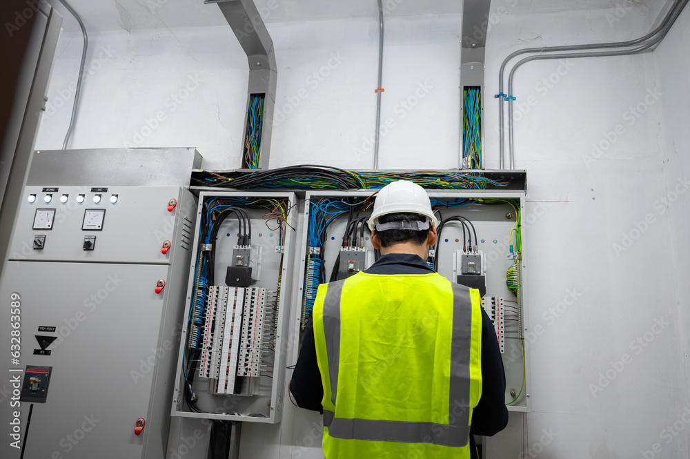 Electrical Engineer team working front control panel, An electrical ...