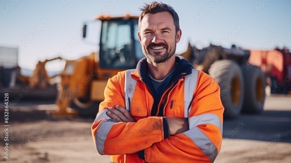 Photography of a pleased, man in his 30s that is operating heavy ...