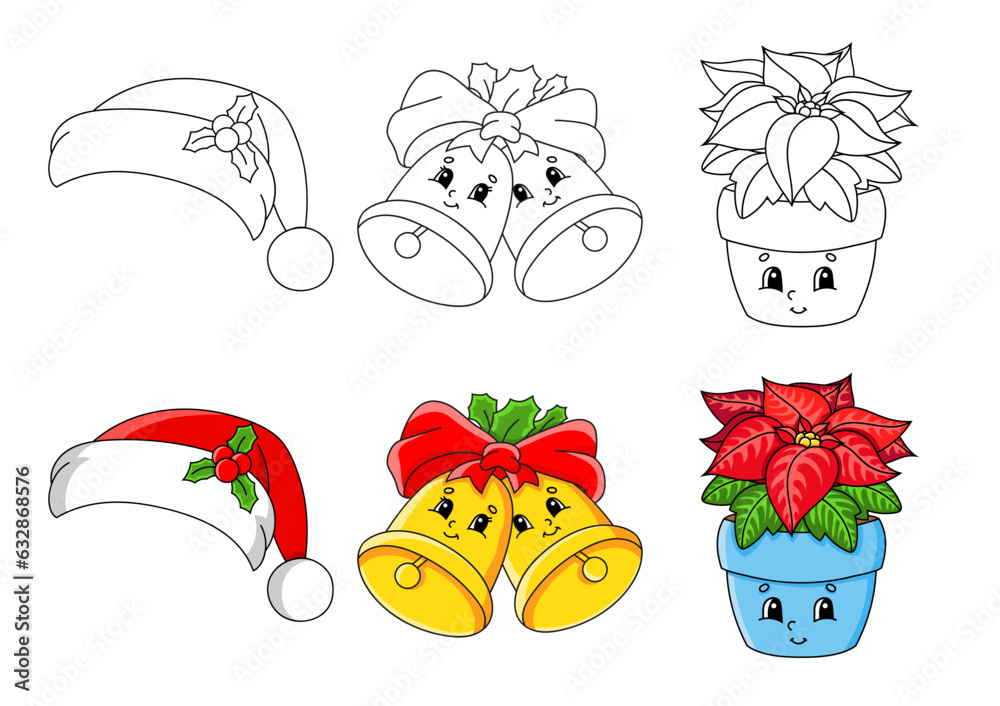 Set coloring page for kids. Cute cartoon characters. Black stroke. With ...