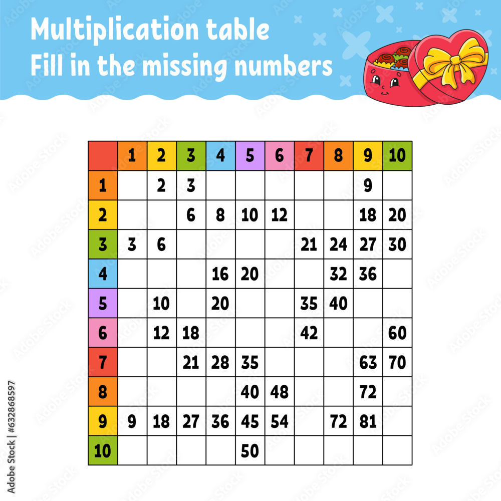 Paste the missing numbers. Learning multiplication table. Handwriting ...