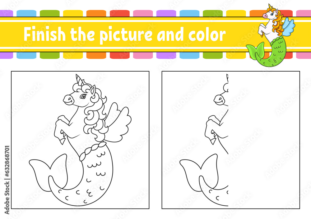 Finish the picture and color. cartoon character isolated on white ...