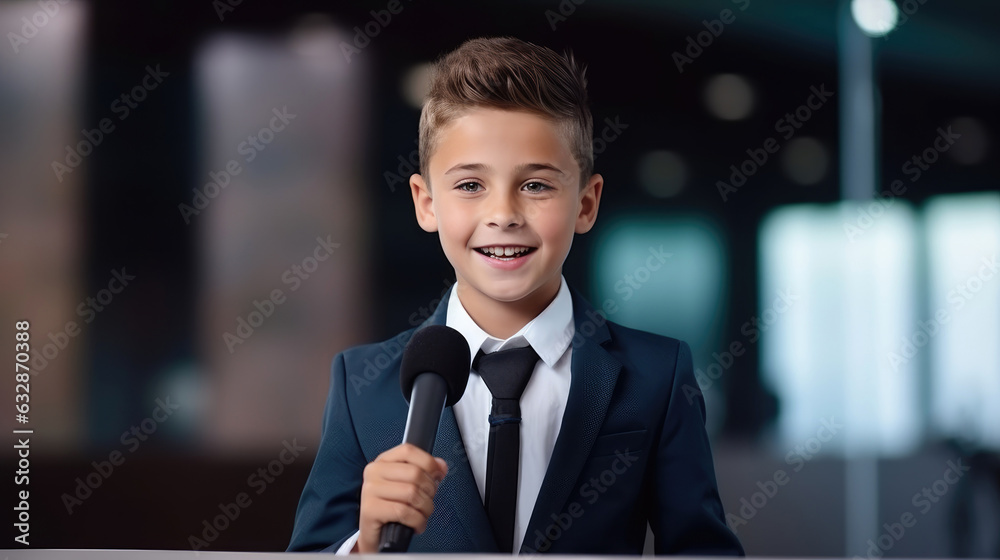 Photography of a pleased, child boy that is delivering a presentation ...