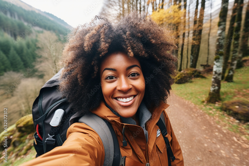 Generative AI picture image of wanderer girl in tourist gear enjoying ...