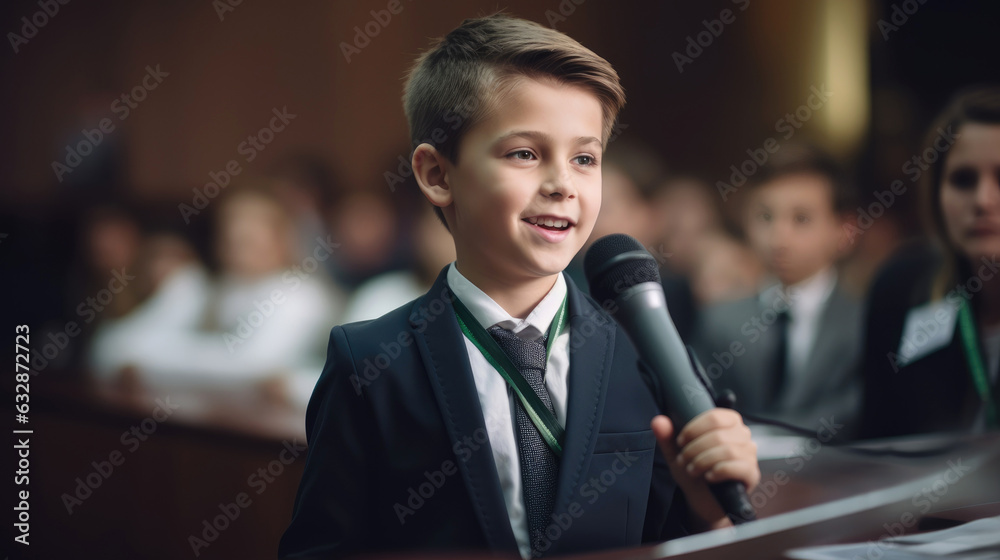 Photography of a pleased, child boy that is delivering a presentation ...