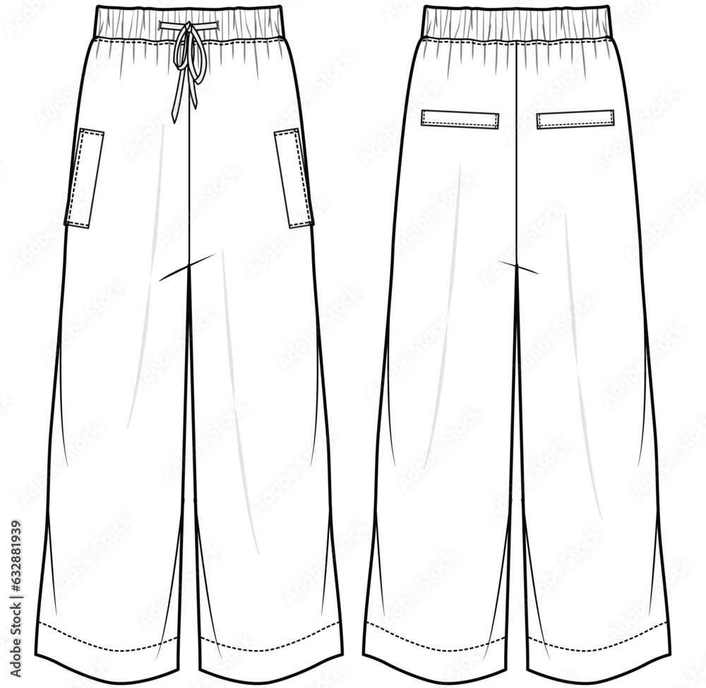 mens drawstring elastic waist wide leg baggy trouser flat sketch vector ...