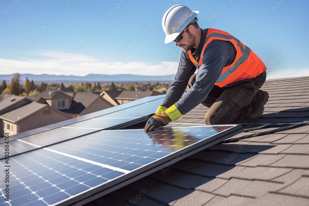 Worker Installing a solar panels on a home rooftop. Man engineer ...