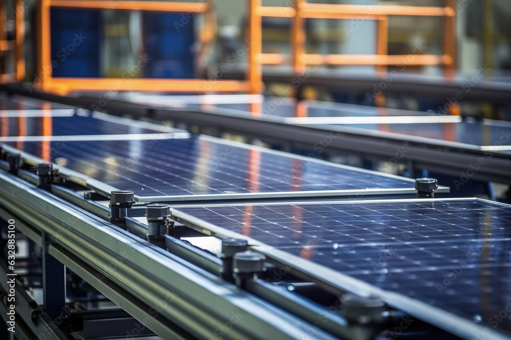 Solar panel cells are assembled and tested on conveyor production line ...