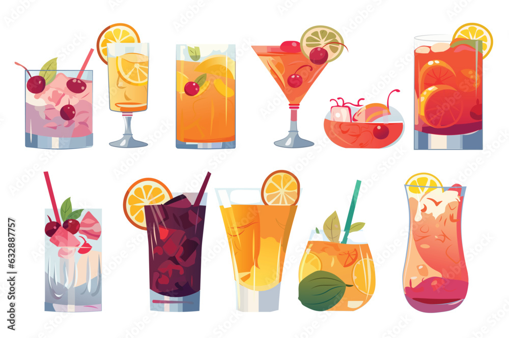 Cocktail set in the flat cartoon style. A bright set of various colored ...