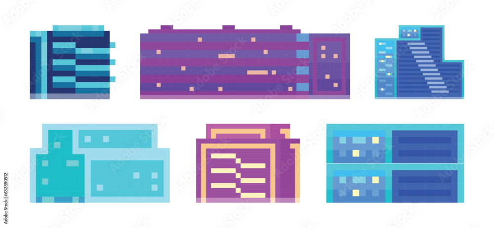 Neon pixel buildings set. Pixelated city landscape neon futuristic ...