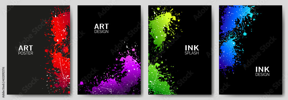 Set of vertical posters. Colorful bright ink splashes on black ...