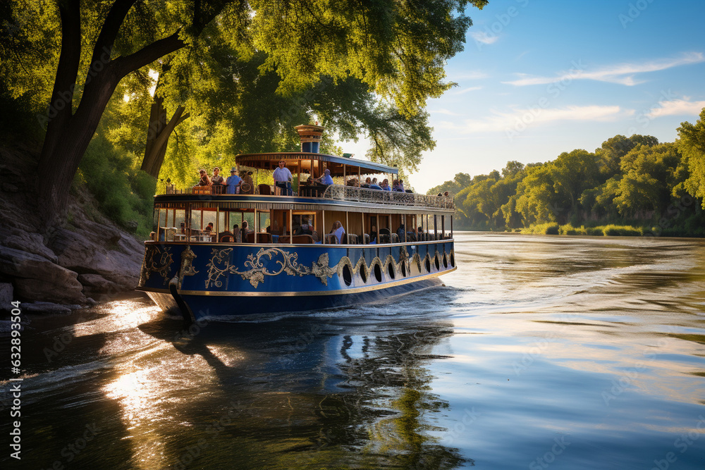 leisurely river cruise, navigating through scenic waterways, passing by ...