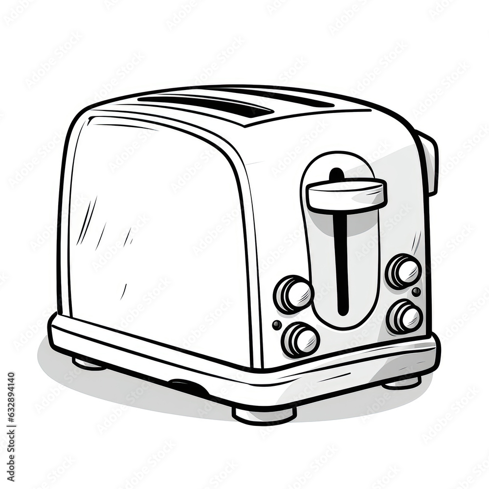 White Background With Black Outline Drawing Toaster Cartoon, 2D, Black ...