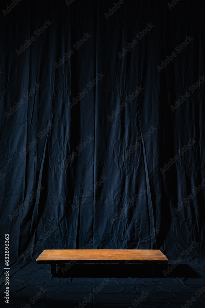 Small wooden stage in black cloth background. stage background. Show ...